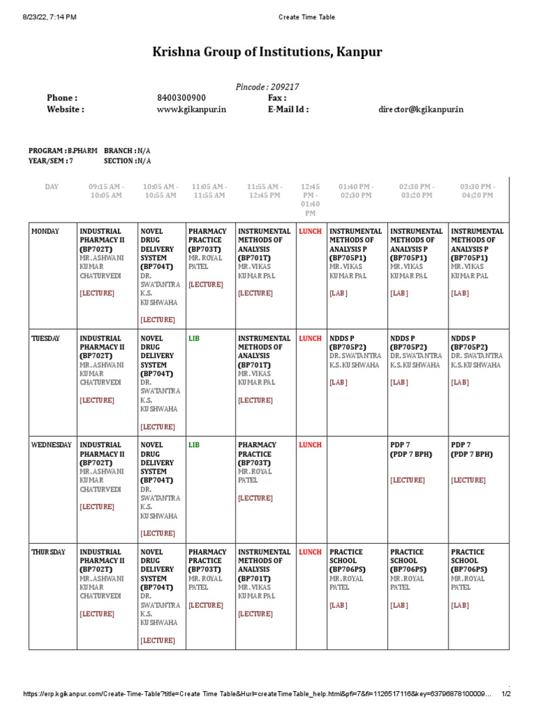 B.pharm (7th Sem) Time Table | PDF