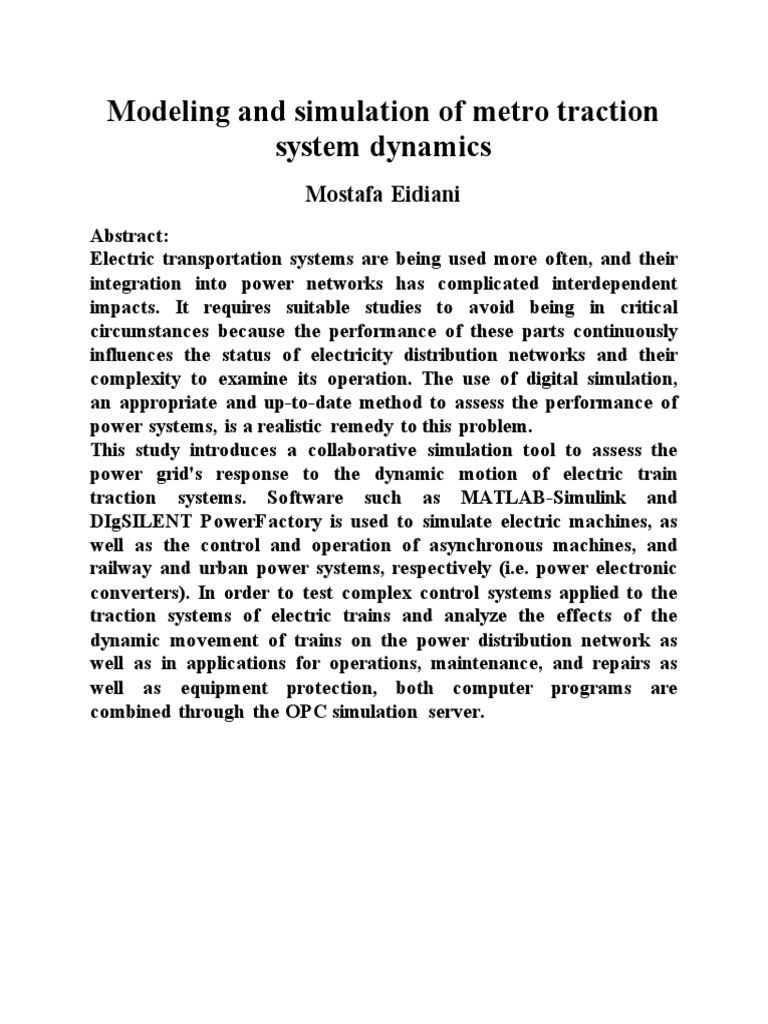 Modeling and Simulation of Metro Traction System Dynamics: Mostafa Eidiani | Download Free PDF ...