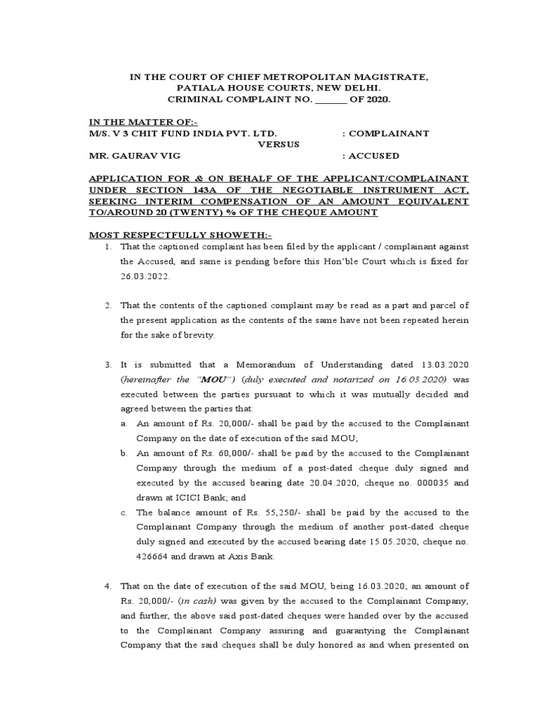 V3 Chit Funds 143A Application | PDF | Cheque | Plaintiff