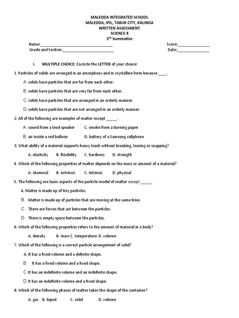 2022 Assessment Science 8 | PDF | Evaporation | Liquids