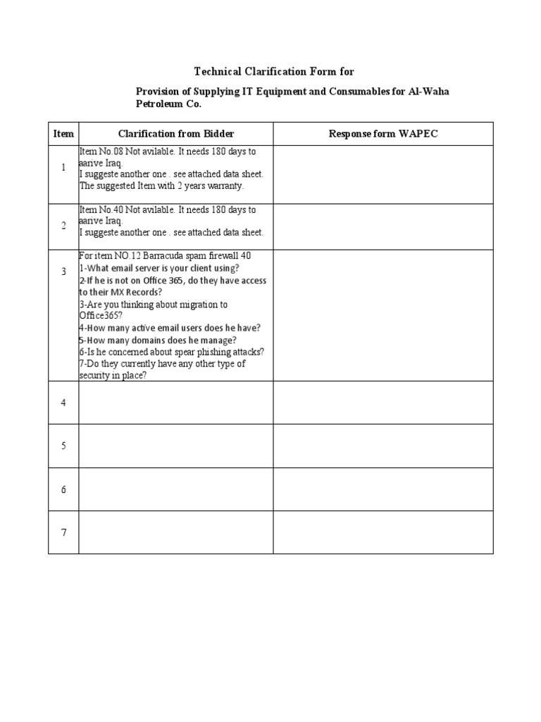 Technical Clarification Form For | PDF