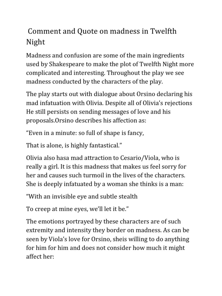 Comment and Quote On Madness in Twelfth Night | PDF