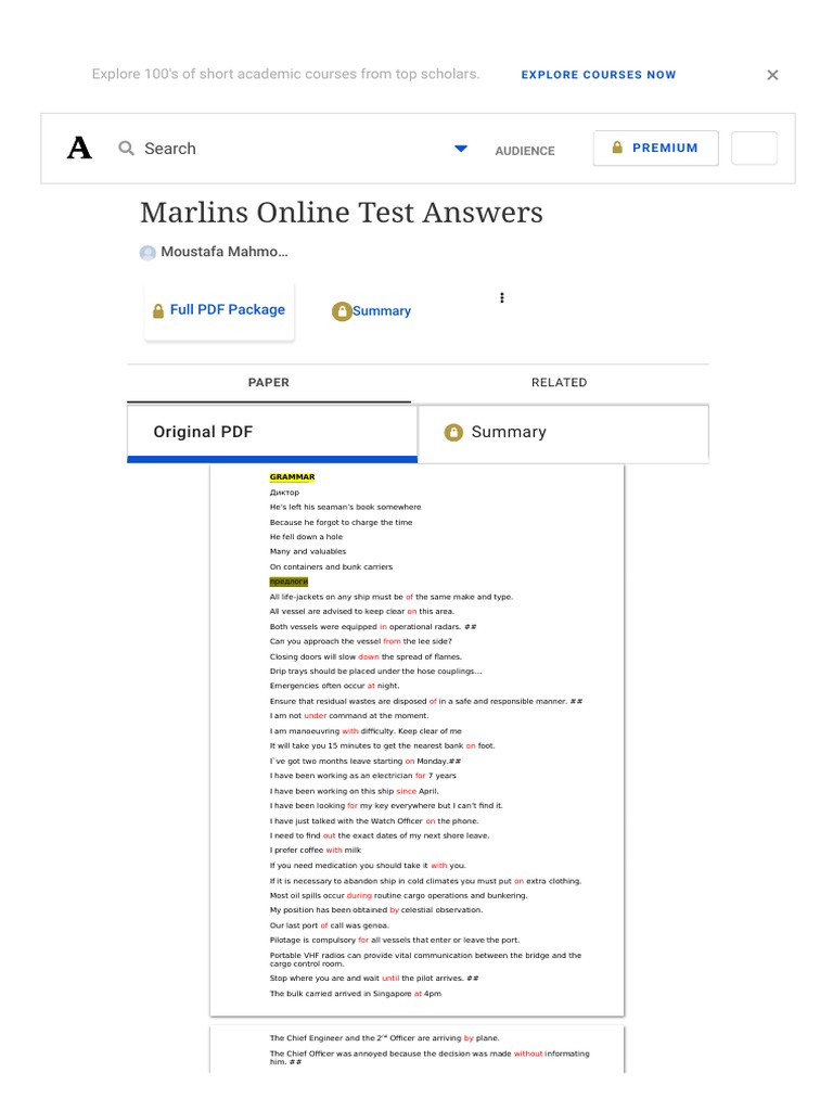 (PDF) Marlins Online Test Answers - Moustafa Mahmoud - Academia - Edu | PDF