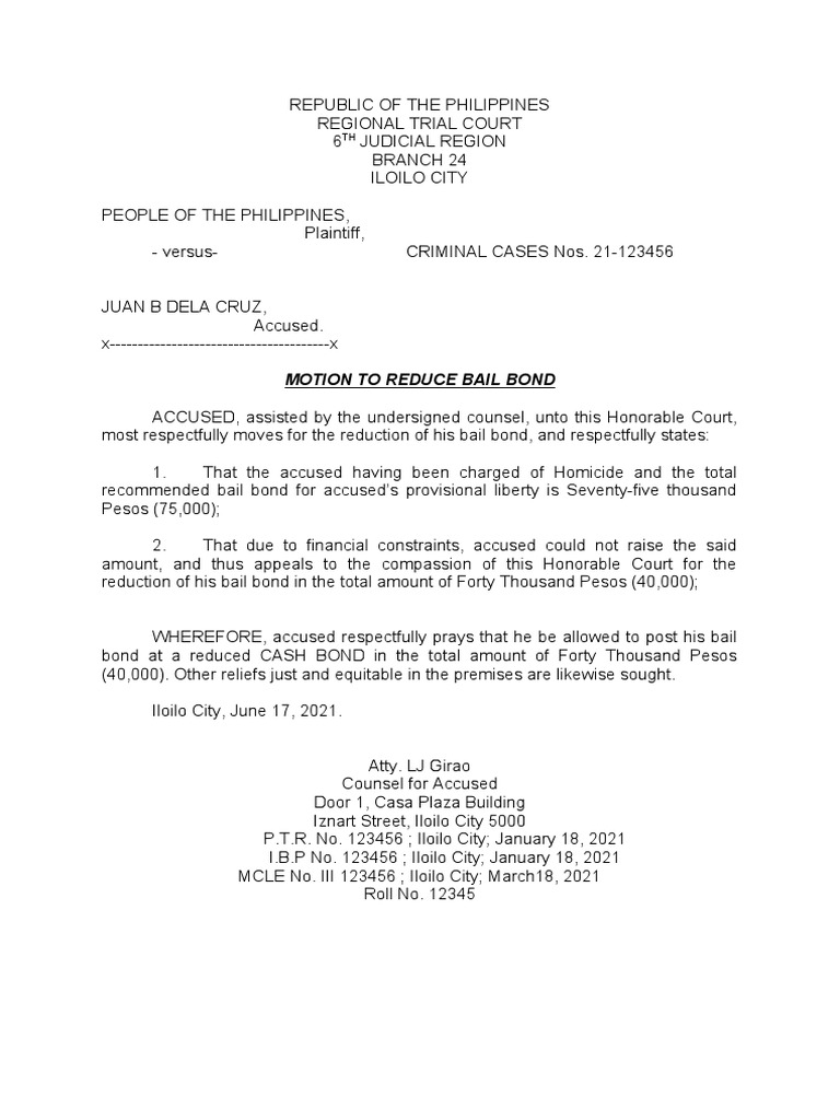 Motion For Bond Reduction | PDF | Bail | Common Law