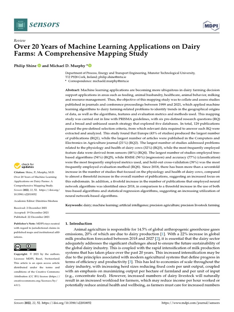 Sensors: Over 20 Years of Machine Learning Applications On Dairy Farms ...