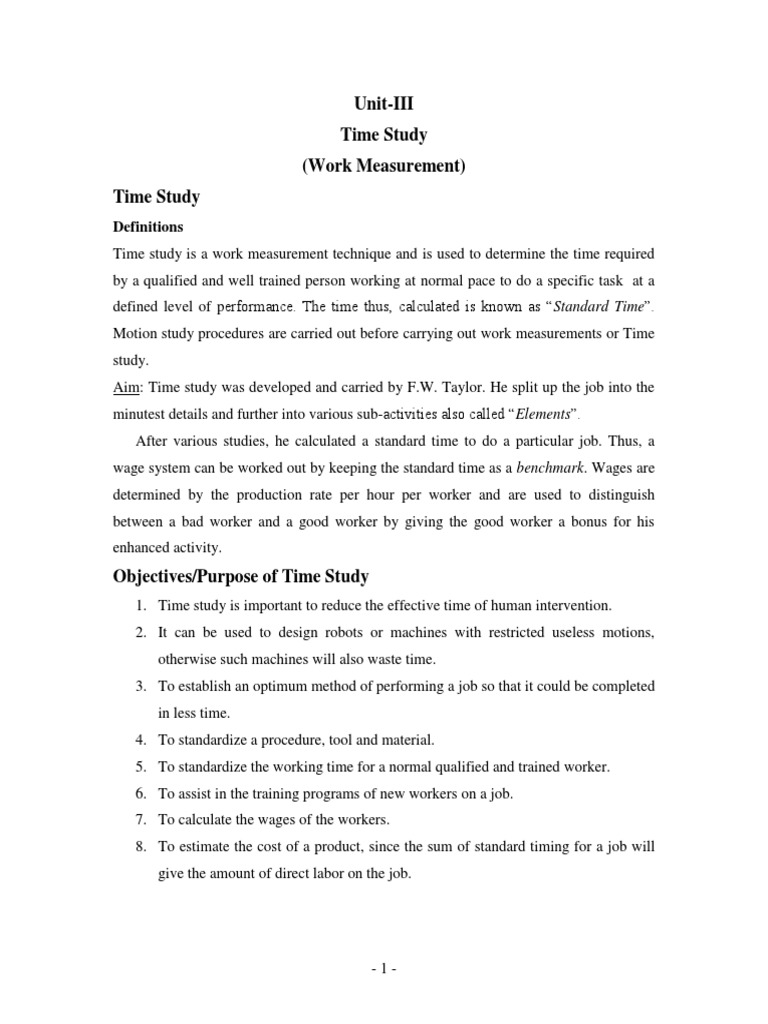 Unit-III Time Study (Work Measurement) Time Study: Definitions | Download Free PDF | Human ...