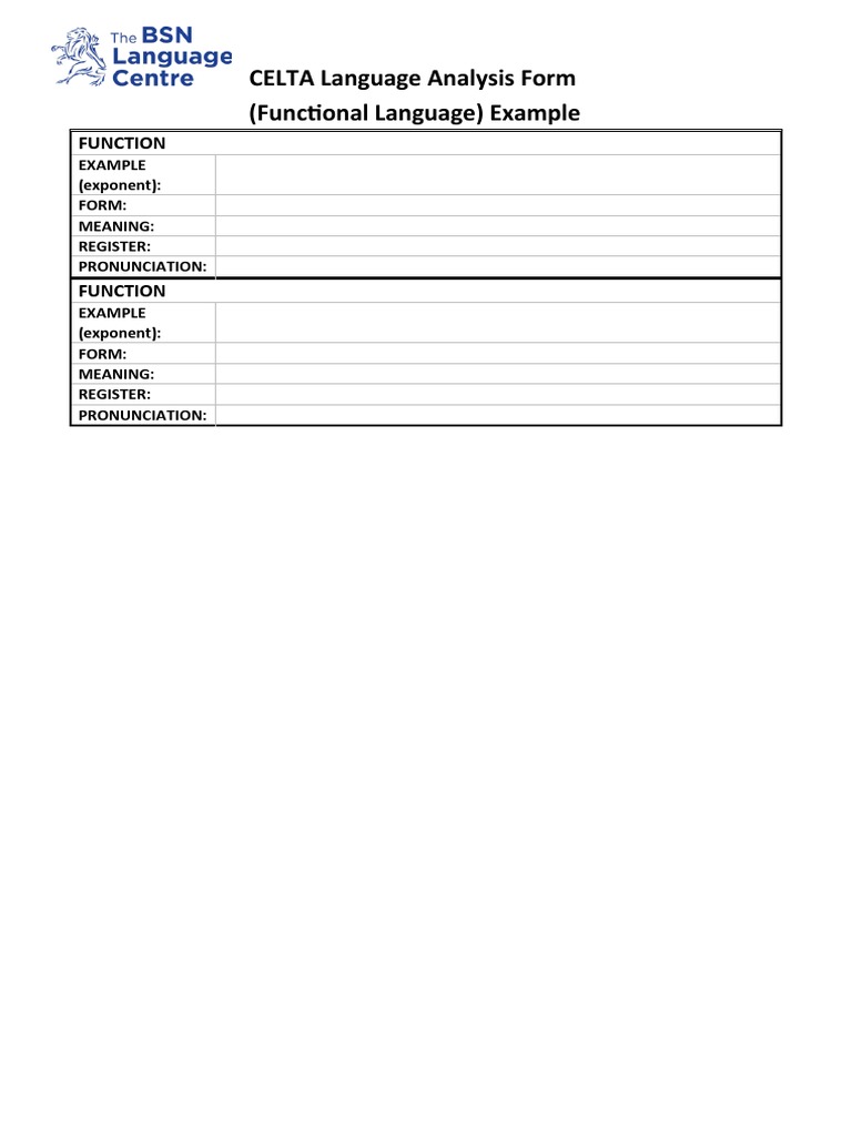 CELTA Language Analysis Form (Functional Language) Example: Function | PDF