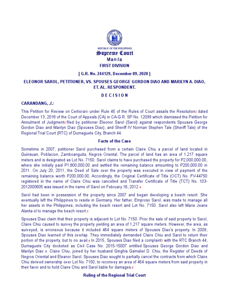Sarol v. Spouses Diao: Land Dispute Ruling | PDF | Judgment (Law ...