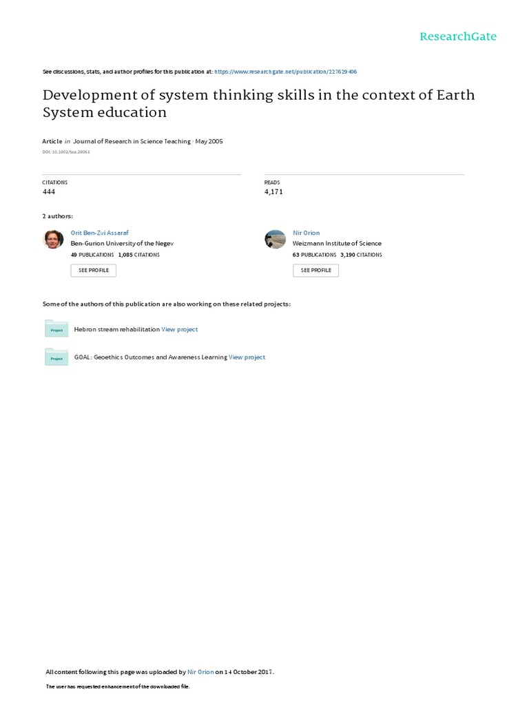 Assaraf, O. B.-Z., and Orion, N. 2005. Development of System Thinking Skills in The Context of ...