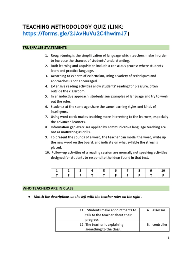 Teaching Methodology Quiz 2020 + Key | PDF | Teaching Method | Learning