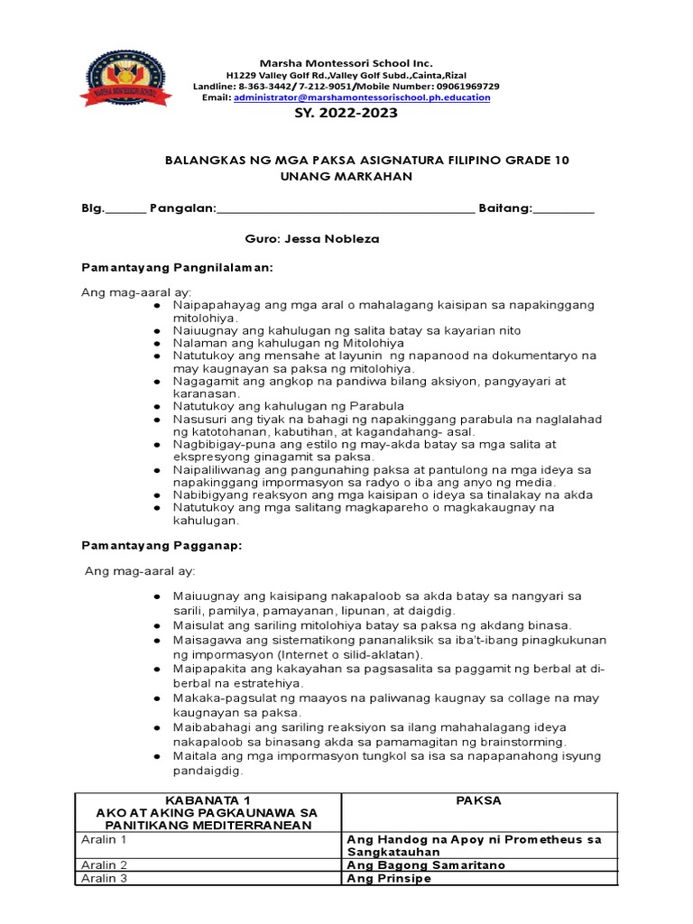 Balangkas NG Mga Paksa Asignatura Filipino Grade 10 | PDF
