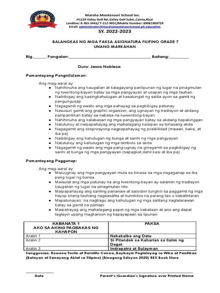 Balangkas NG Mga Paksa Asignatura Filipino Grade 7 | PDF