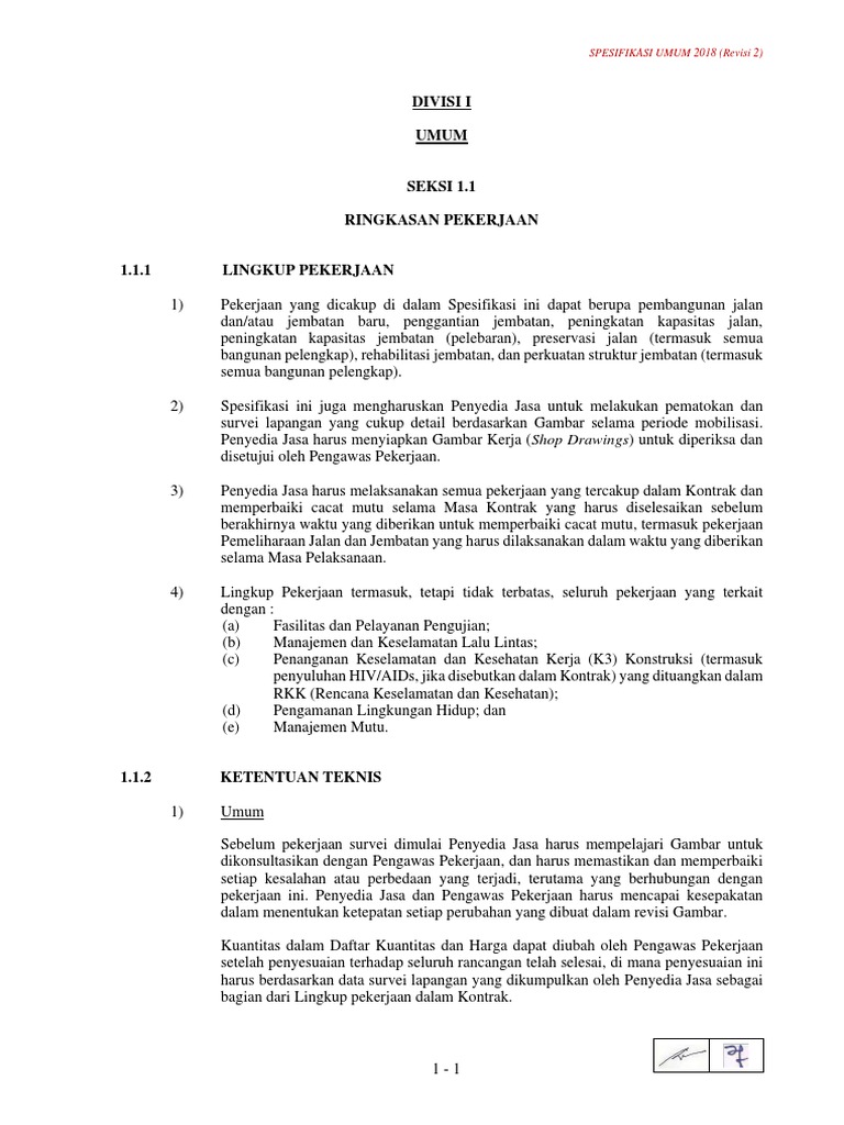 Spesifikasi Umum 2018 Rev.2 Divisi 1 Tentang Umum Seksi 1.1 Tentang Ringkasan Pekerjaan | PDF