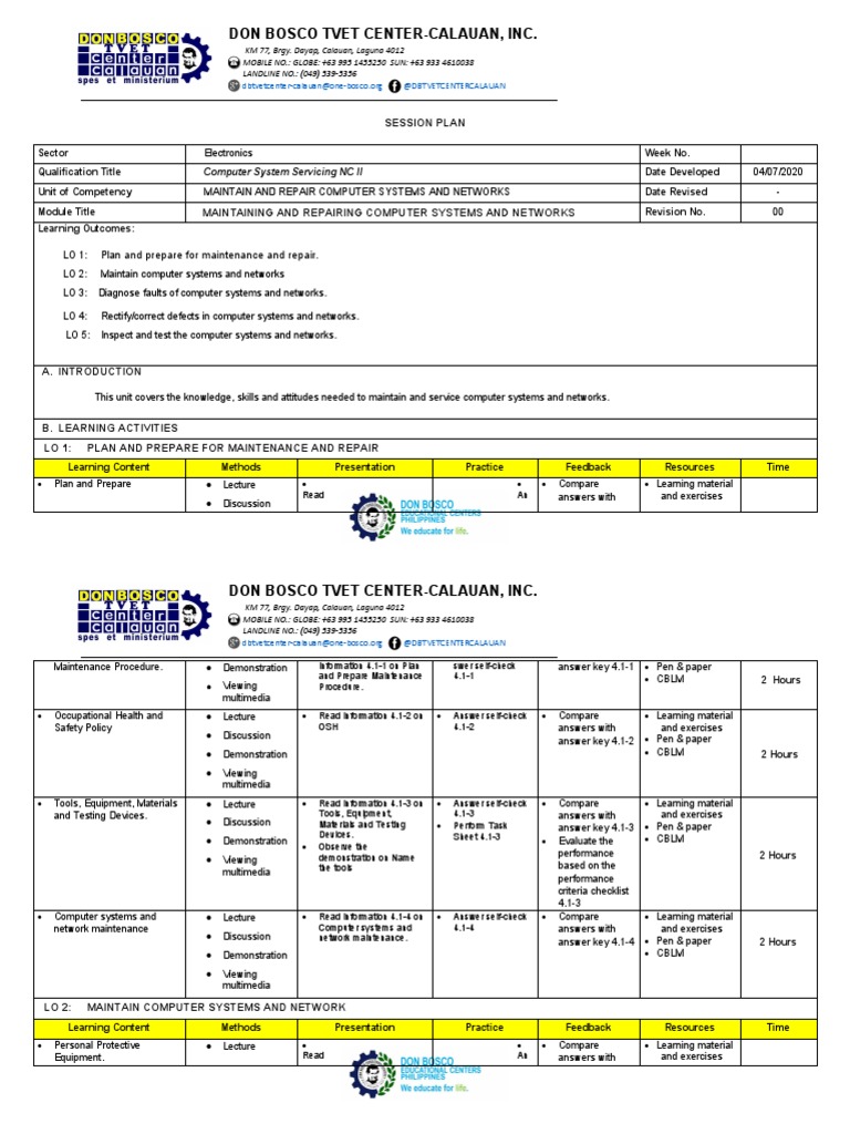 Don Bosco Tvet Center-Calauan, Inc.: Session Plan | PDF | Lecture | Multimedia