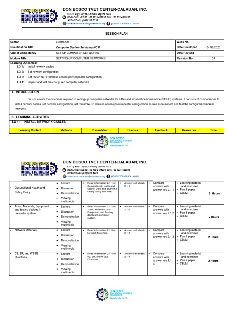 Don Bosco Tvet Center-Calauan, Inc.: Session Plan | PDF | Wi Fi | Computer Network