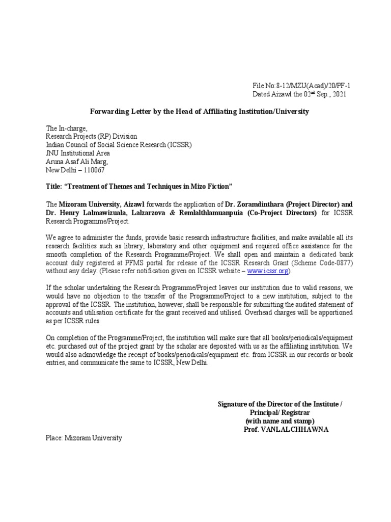 Forwarding Letter by The Head of Affiliating Institution/University | PDF