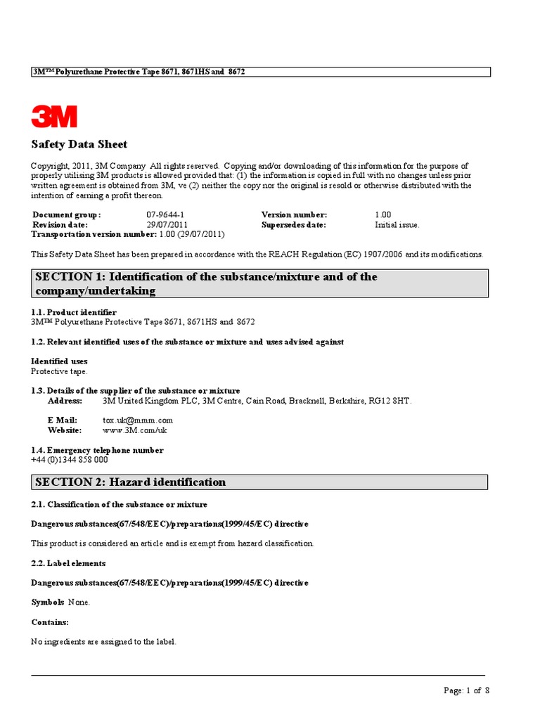 Safety Data Sheet: 3M™ Polyurethane Protective Tape 8671, 8671HS and ...