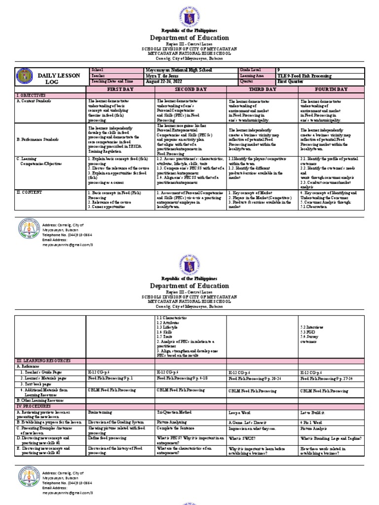Meycauayan National High School Daily Lesson Log on Food Fish Processing | PDF | Learning ...