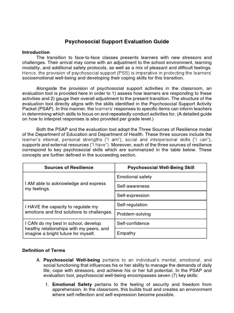 Psychosocial Support Evaluation Guide | PDF | Learning | Self Esteem