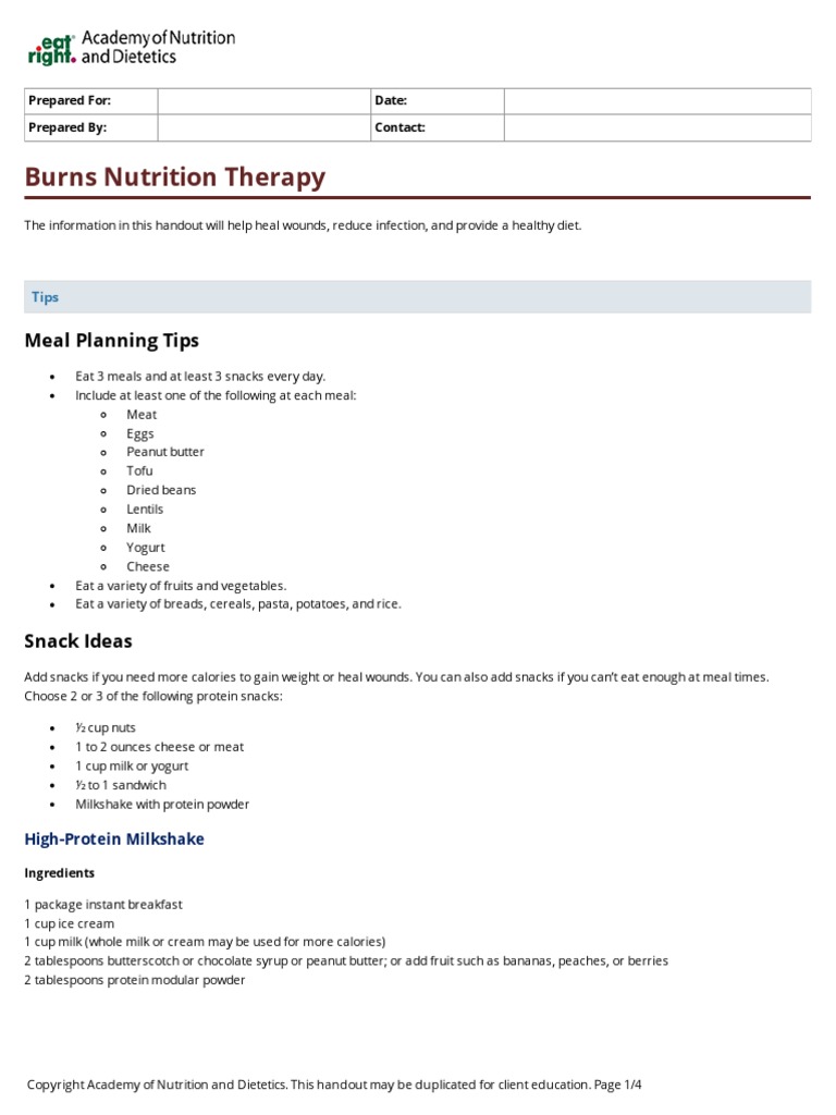 Burns Nutrition Therapy: Meal Planning Tips | PDF | Meal | Soup