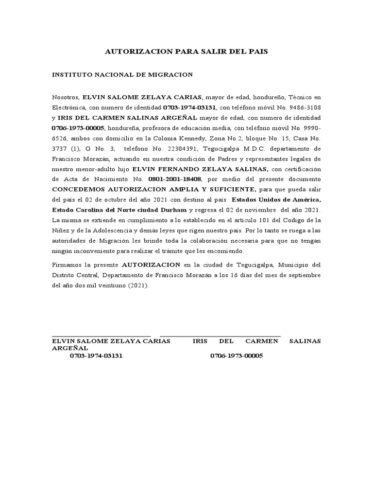 Autorizacion para Salir Del Pais | PDF | Honduras Autorizacion para Salir Del Pais | PDF | Honduras