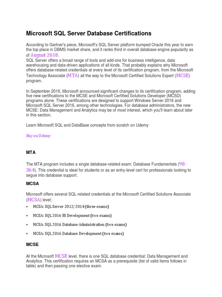 Microsoft SQL Server Database Certifications | PDF | Microsoft Sql ...