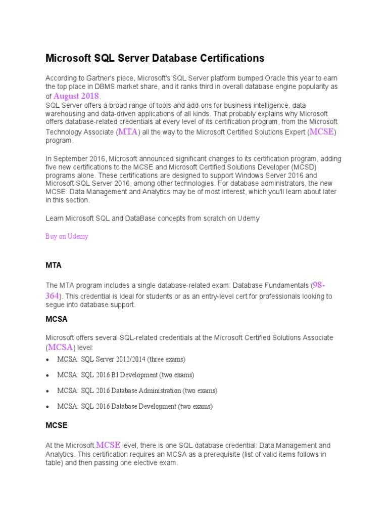 Microsoft SQL Server Database Certifications | PDF | Microsoft Sql Server | Databases