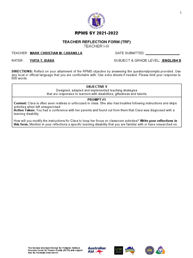 RPMS SY 2021-2022: Teacher Reflection Form (TRF) | PDF | Lesson Plan ...