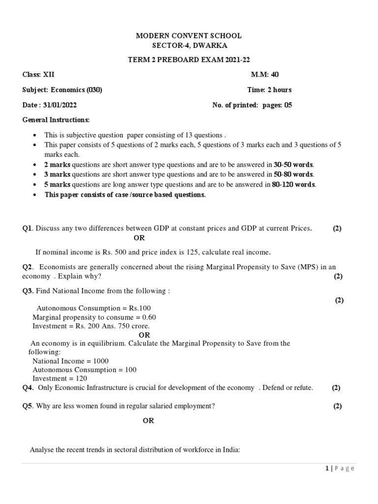 Pre Board Class Xii Term 2 | PDF | Consumption (Economics) | Economies
