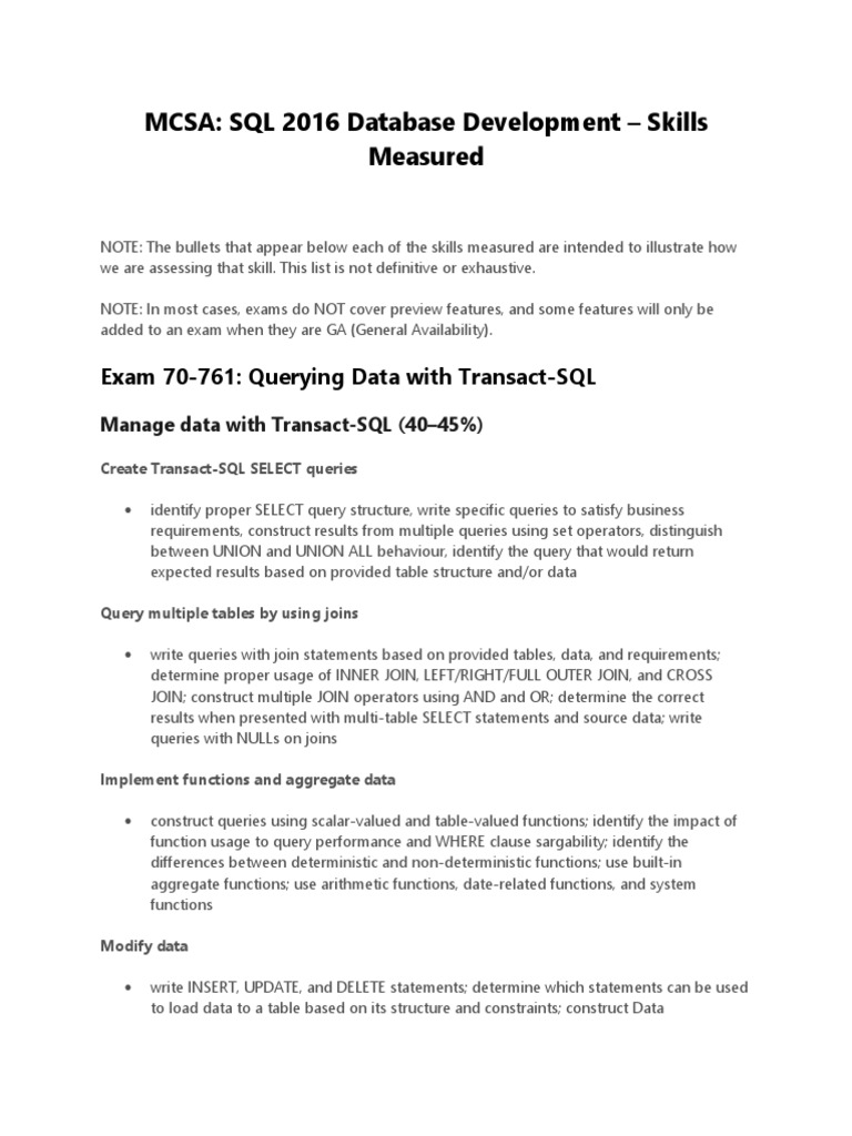 MCSA: SQL 2016 Database Development - Skills Measured: Exam 70-761 ... MCSA: SQL 2016 Database Development - Skills Measured: Exam 70-761 ...