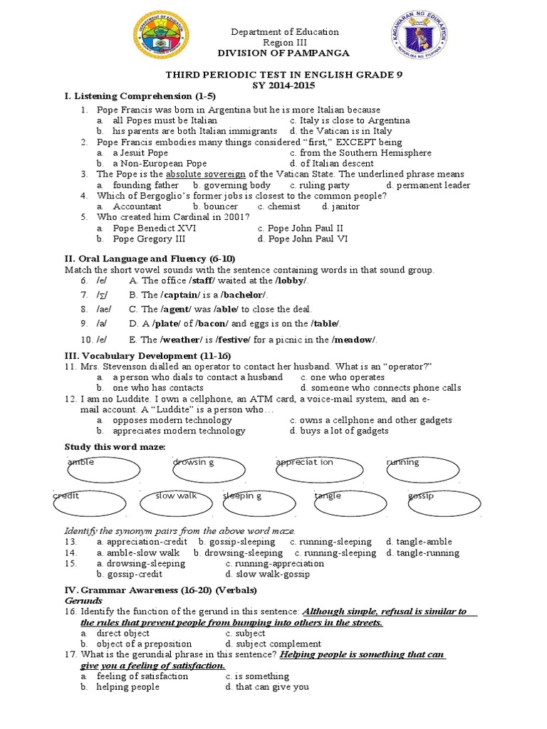 Grade 9 English With Answer Keydoc | PDF | Pope Francis | Linguistics