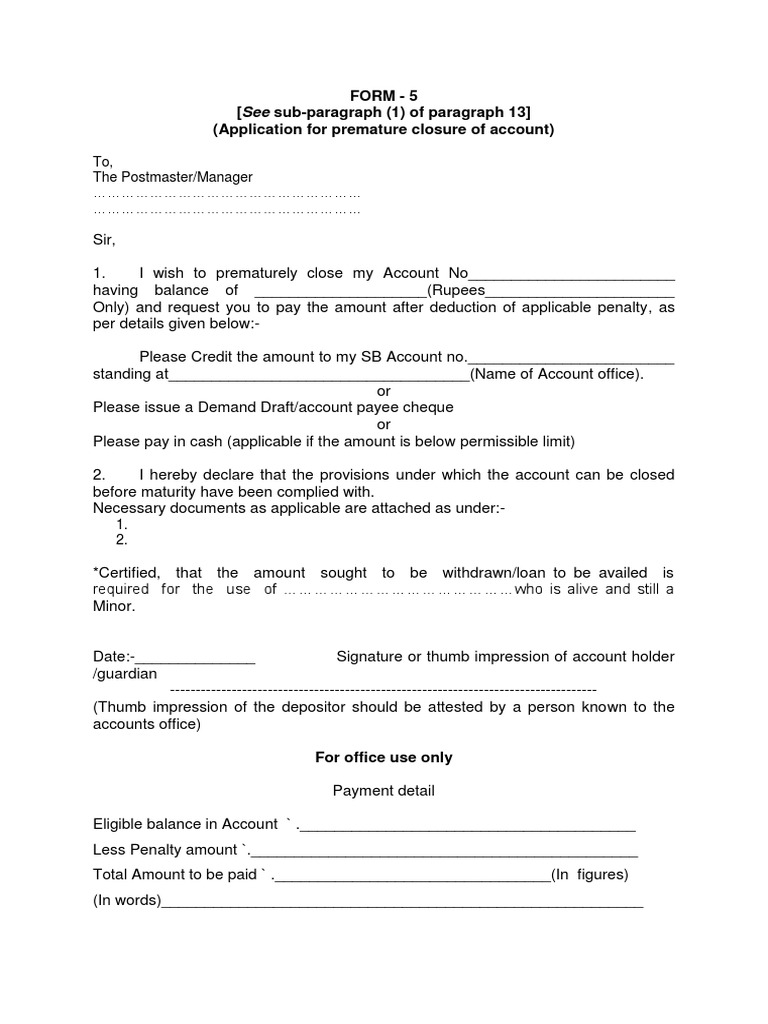 Post Office Premature Closure Application | PDF | Cheque | Payments