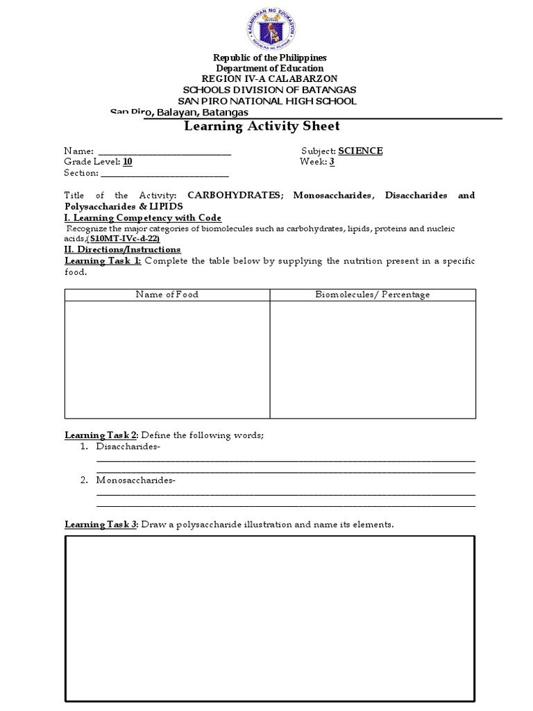 LAS - SCIENCE 10 - Week 3 - 4thquarter | PDF | Carbohydrates | Oil