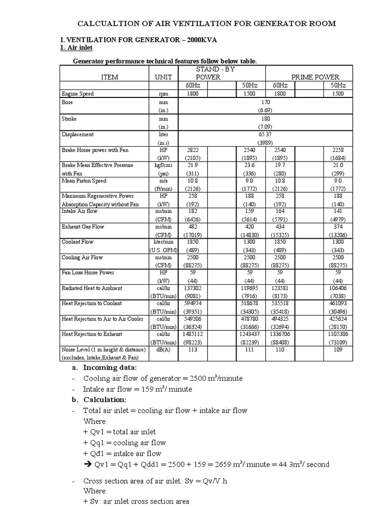 CALCULATION OF GENERATOR ROOM AIR VENTILATION | PDF | Horsepower ...