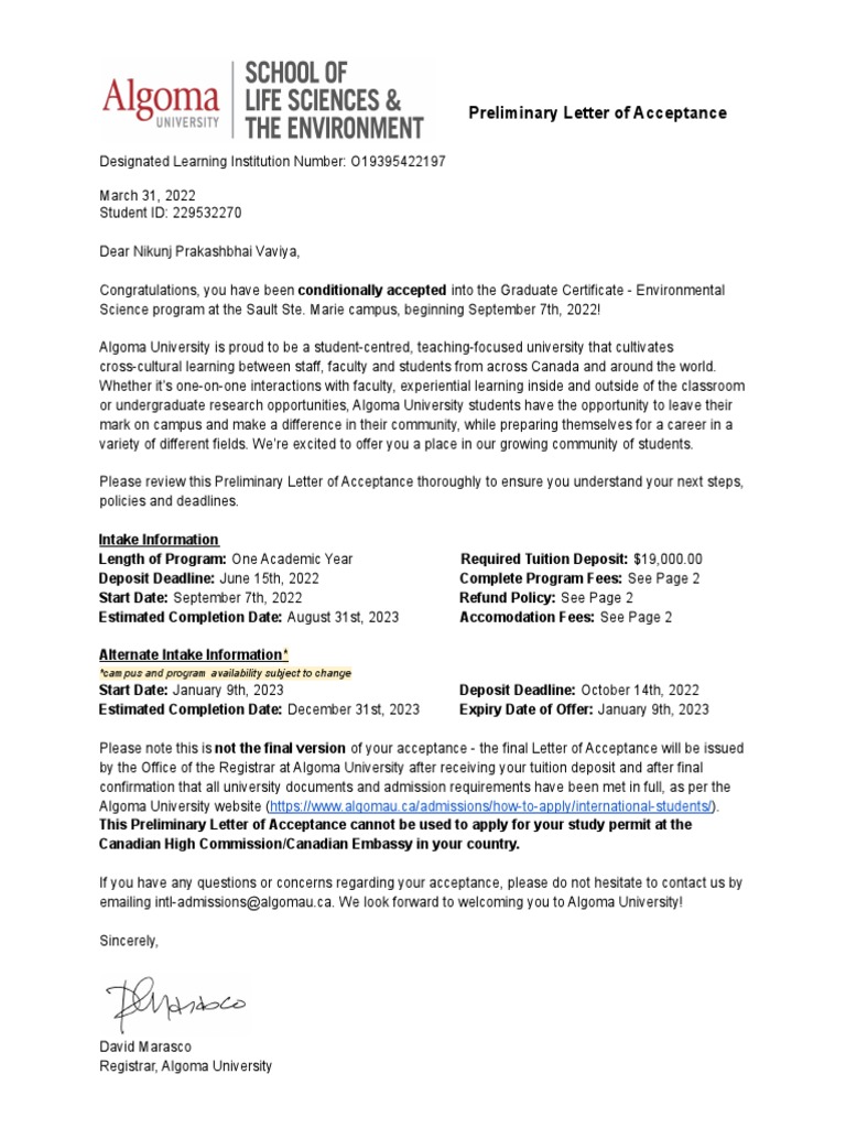 Offer Letter Algoma | PDF | Fee | Tuition Payments