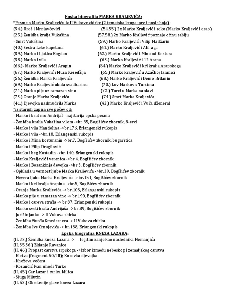 Epske Pesme Spisak | PDF