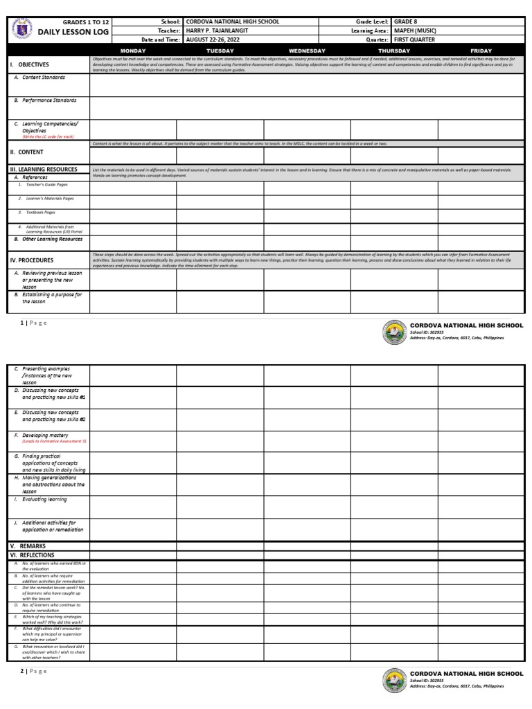Daily Lesson Log Template PDF Learning Change