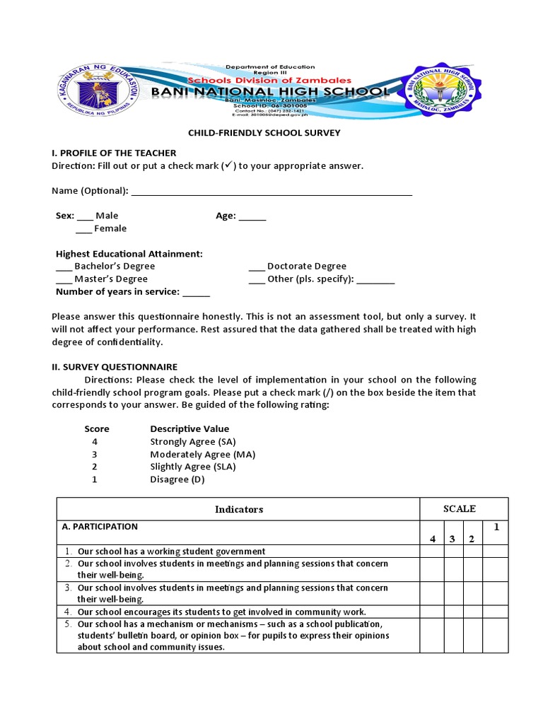 Child-Friendly School Survey Tool | PDF | Teachers | Academic Degree
