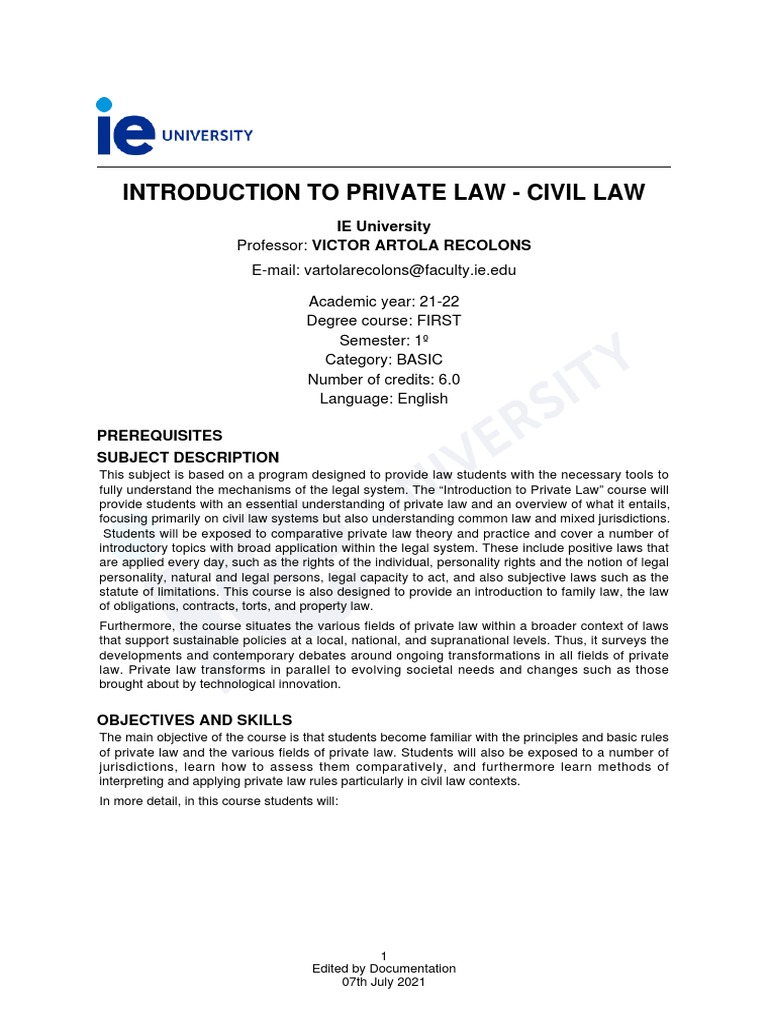 Introduction To Private Law - Civil Law: IE University | Download Free ...