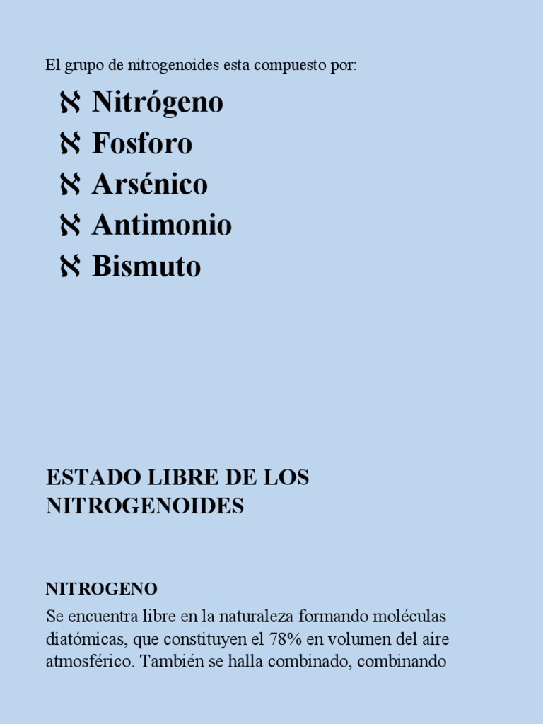 El Grupo de Nitrogenoides Esta Compuesto Por | PDF | Nitrógeno | Fósforo