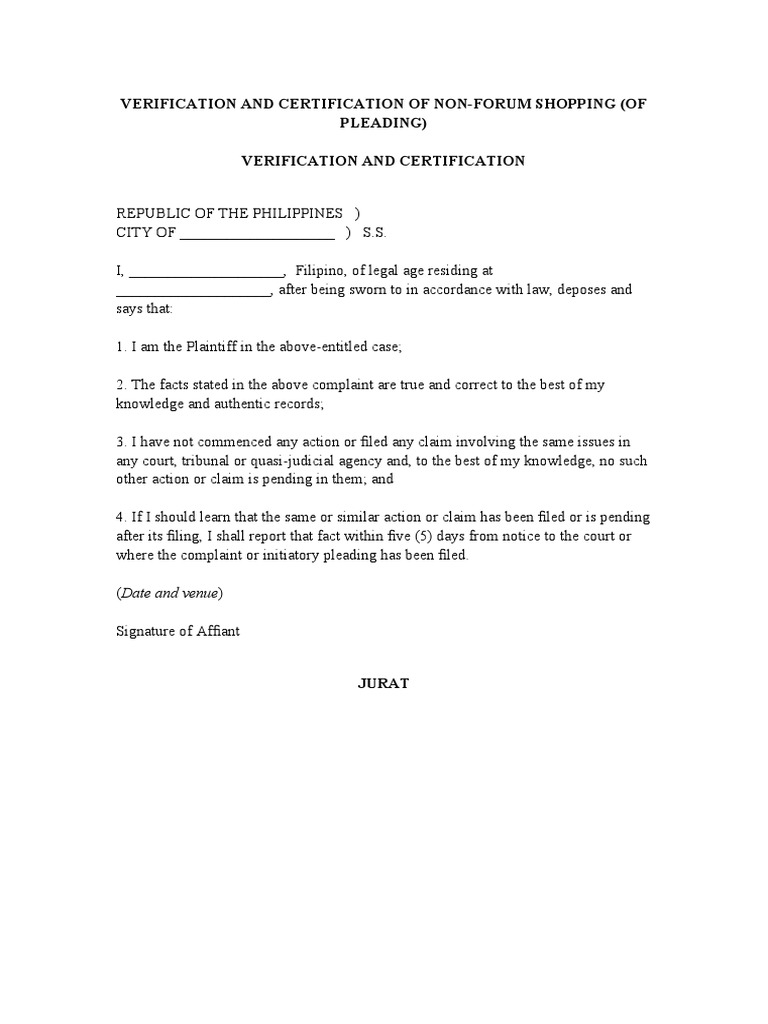 Non-Forum Shopping Certification Template | PDF