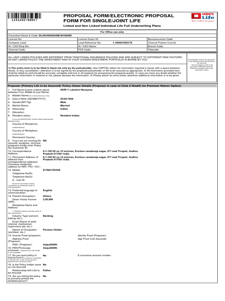 Proposal Form/Electronic Proposal Form For Single/Joint Life | PDF ...