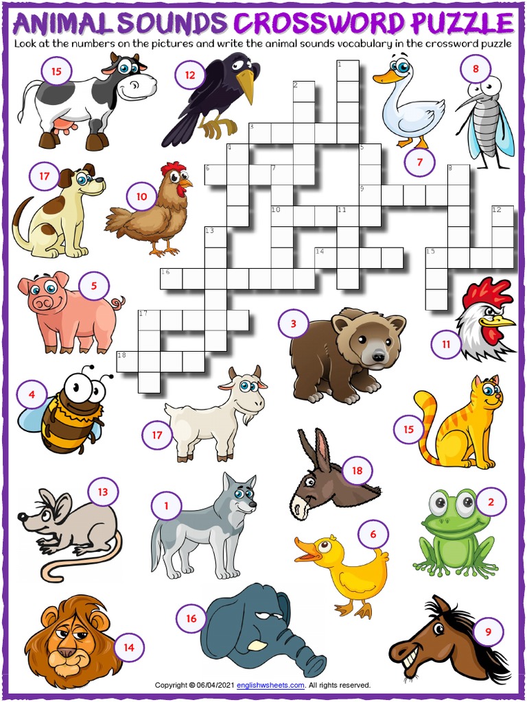 Animal Sounds Vocabulary Esl Crossword Puzzle Worksheet For Kids | PDF