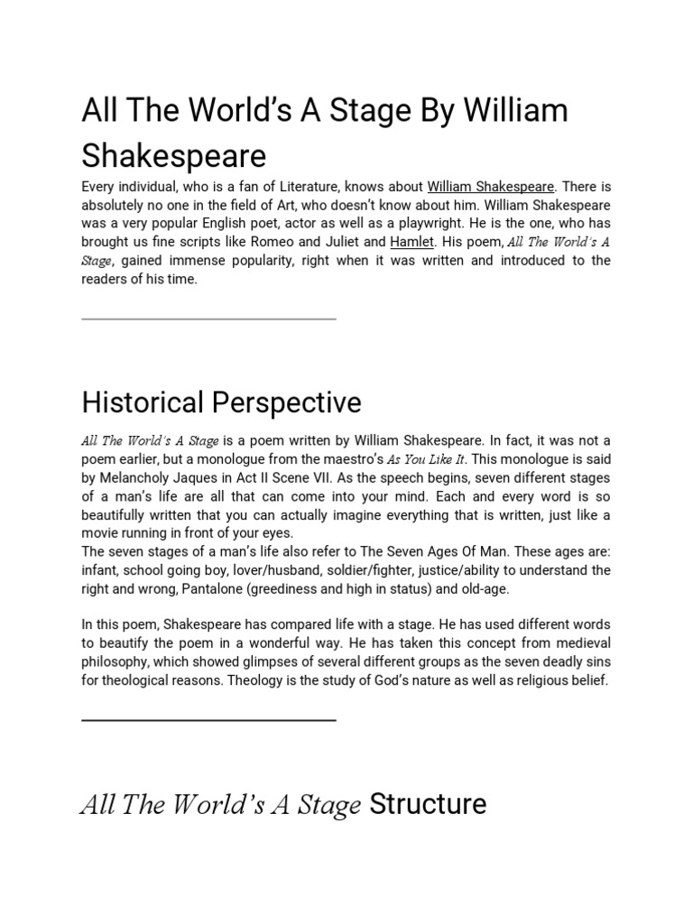 All The World's A Stage by William Shakespeare: Historical Perspective ...