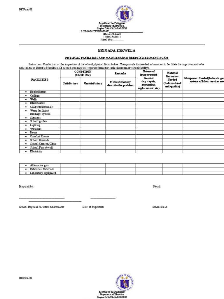 BE Form 1 PHYSICAL FACILITIES AND MAINTENANCE NEEDS ASSESSMENT FORM | PDF | Classroom
