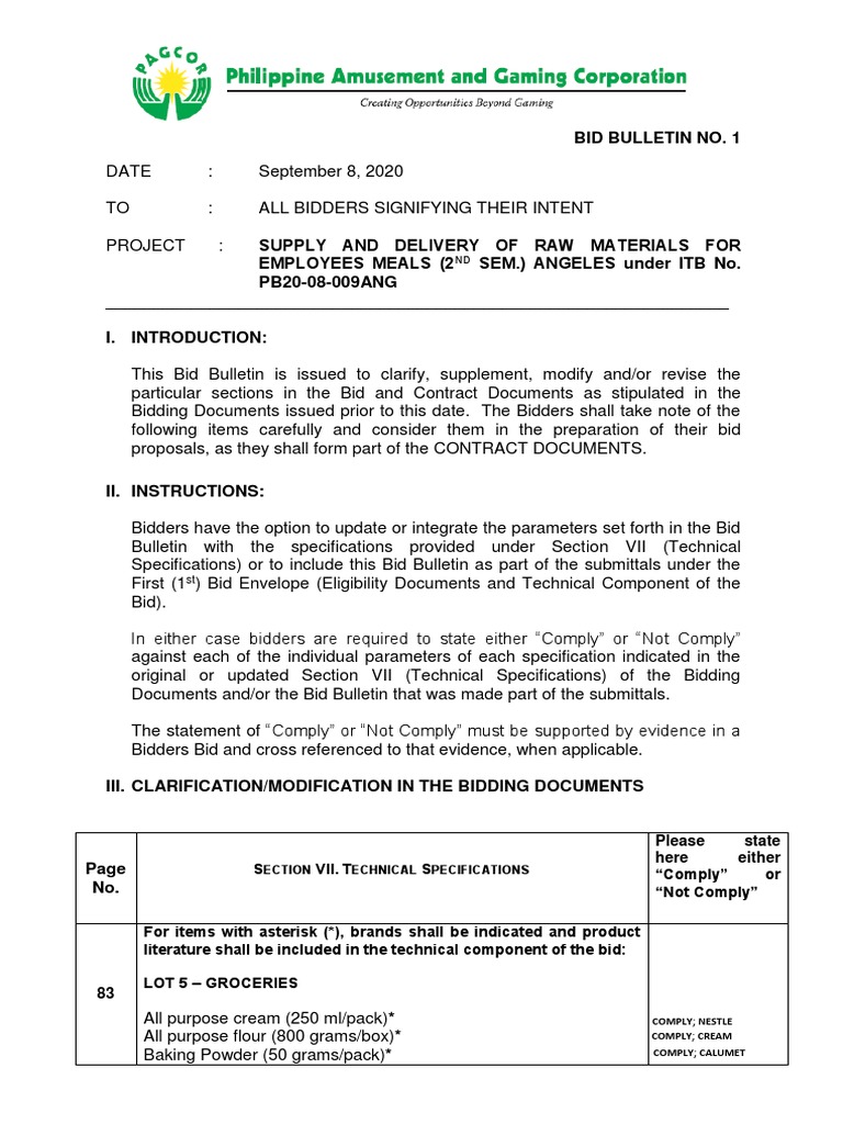 Bid Bulletin No 1 PB20-08-009ANG | PDF | Specification (Technical Standard) | Sauce