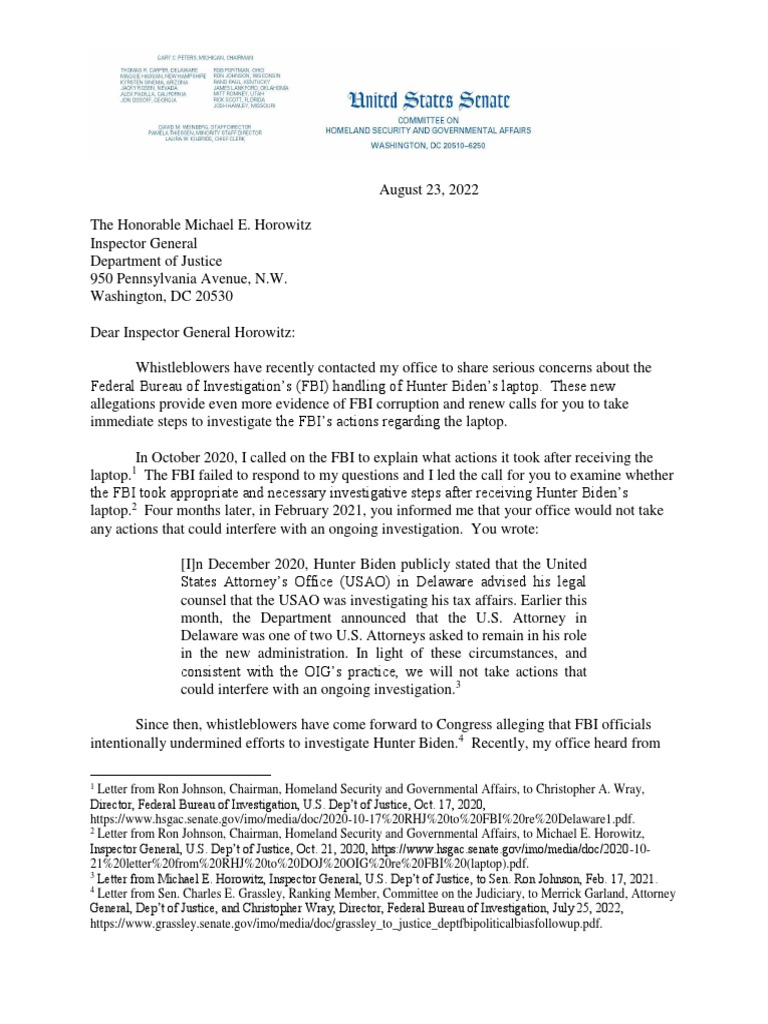 Ron Johnson Letter To DOJ IG Horowitz - Hunter Biden - August 2022 ...
