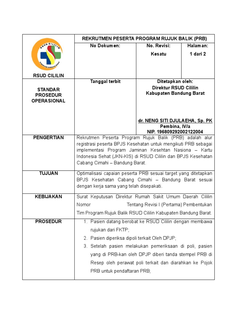SOP PRB RSUD Cililin Revisi 1 | PDF