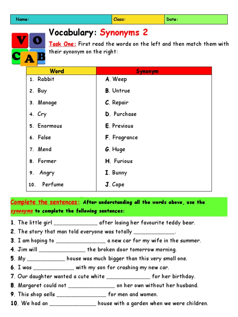 Vocabulary Synonyms 2 Information Gap Activities - 132448 | PDF