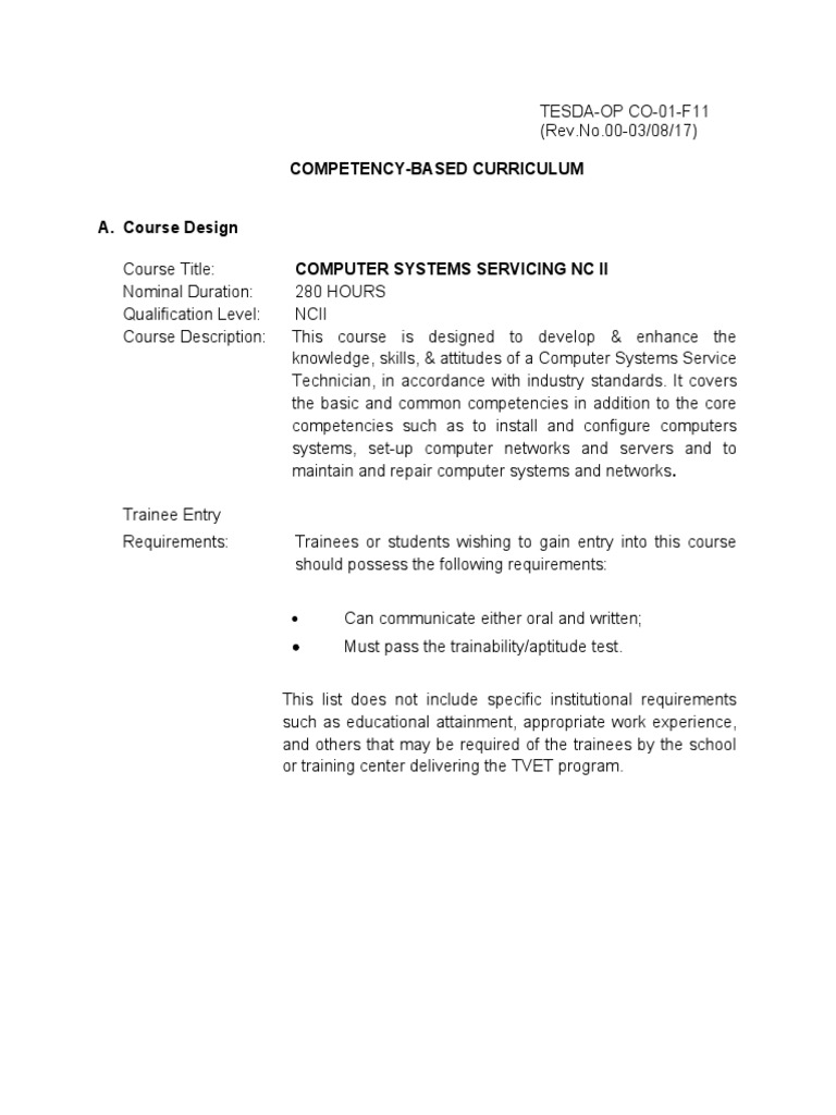 Competency-Based Curriculum A. Course Design Computer Systems Servicing NC Ii | PDF ...